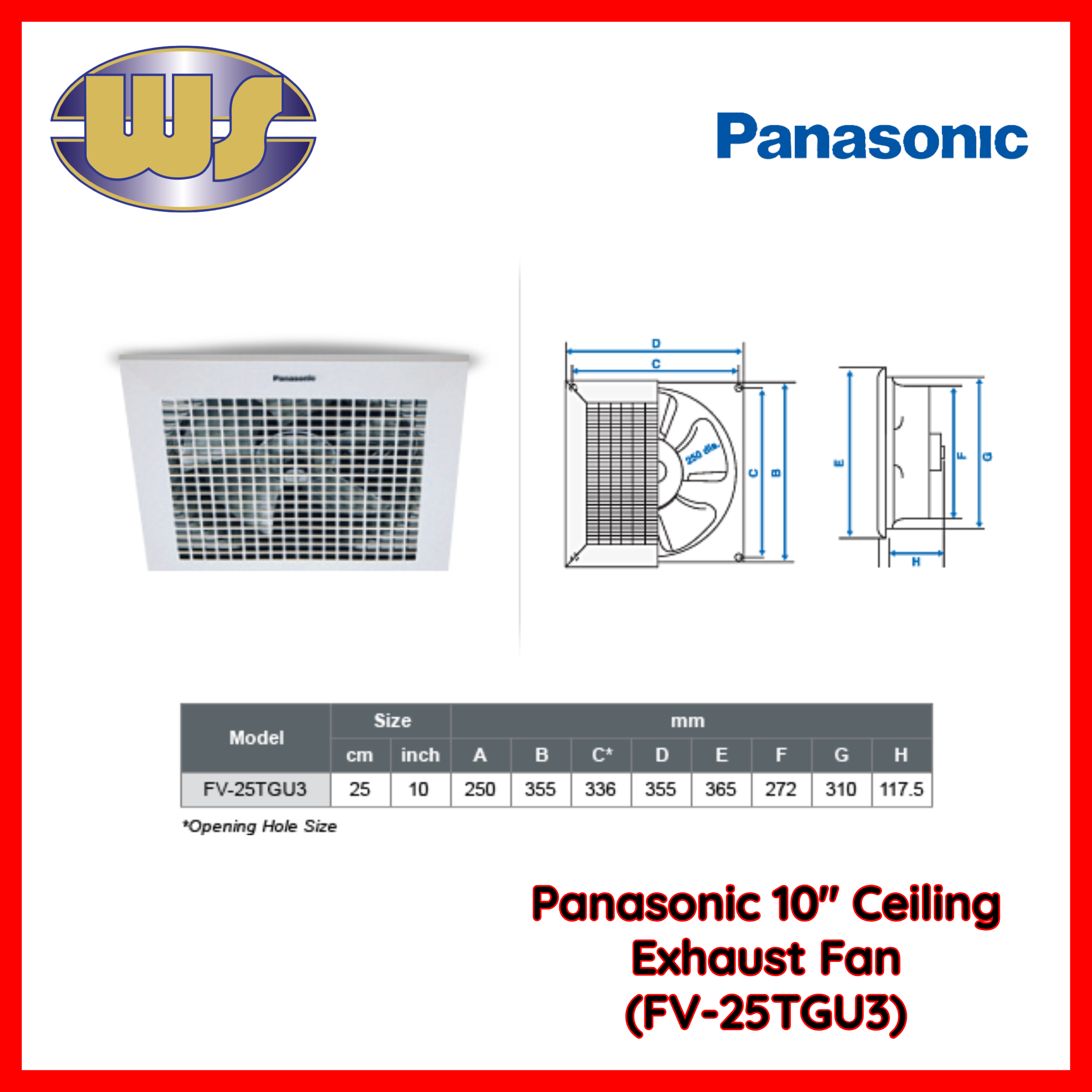 PANASONIC 10" CEILING MOUNT VENTILATING FAN (FV-25TGU3) - Winstar ...